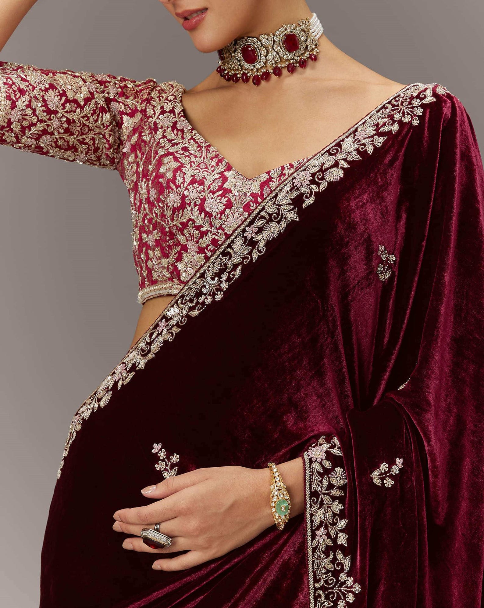 Maroon Saree Velvet Saree Brocade Embroidered Blouse Saree Bride Saree ...