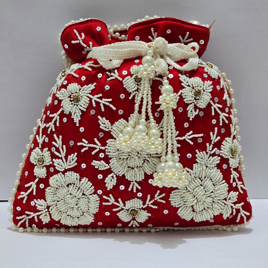 Red Potli With White Pearls Potli for Bridesmaid Potli for Bide Potli ...