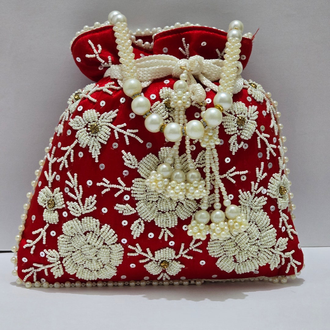 Red Potli With White Pearls Potli for Bridesmaid Potli for Bide Potli ...