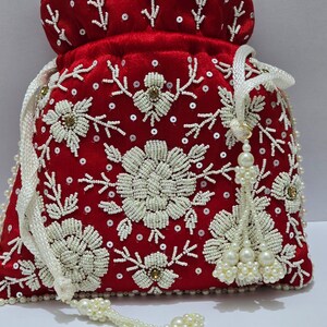Red Potli With White Pearls Potli for Bridesmaid Potli for Bide Potli ...