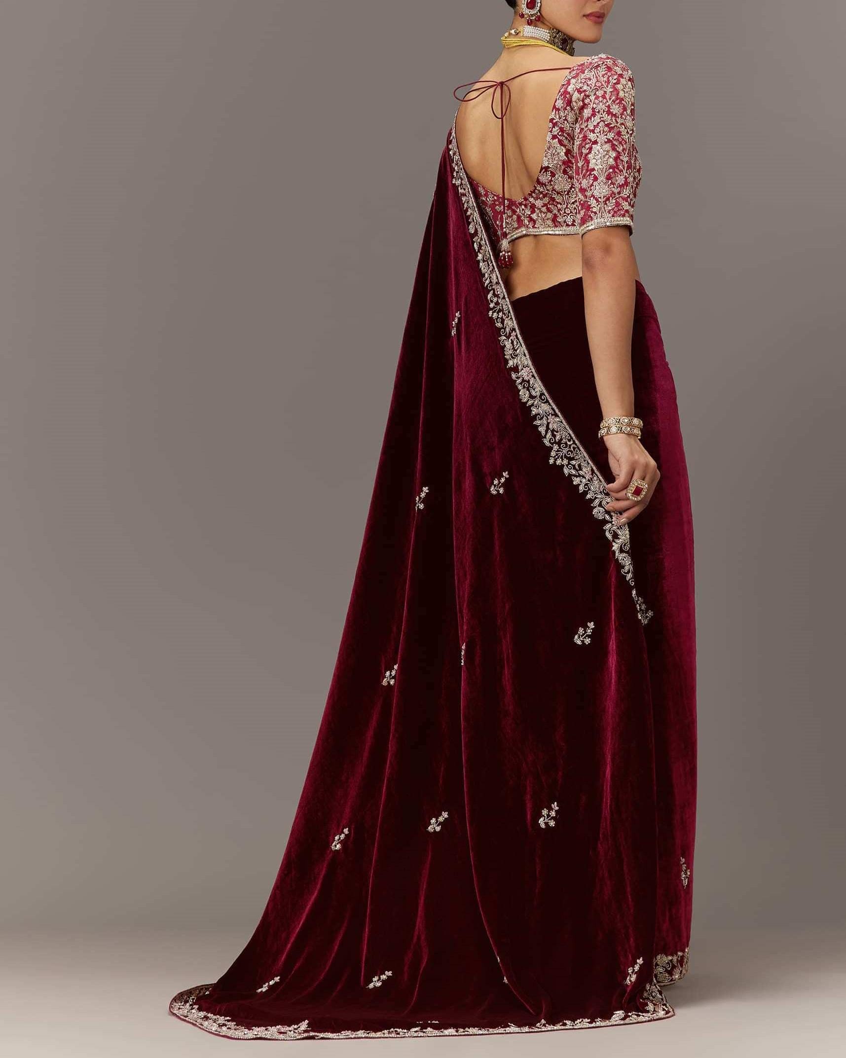 Maroon Saree Velvet Saree Brocade Embroidered Blouse Saree Bride Saree ...