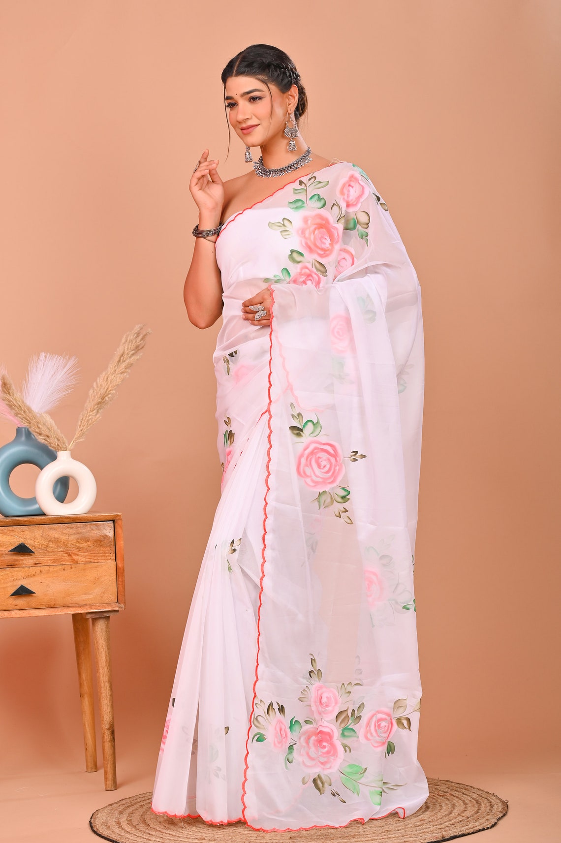 Saree Handpainted Saree for Wedding Gift Saree White Saree for Party ...