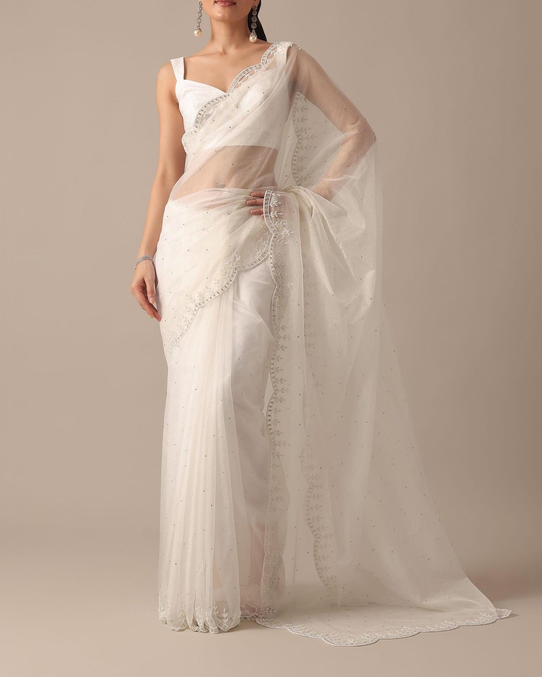 White Organza Saree Zardozi Saree White Saree Cut Dana Saree White ...