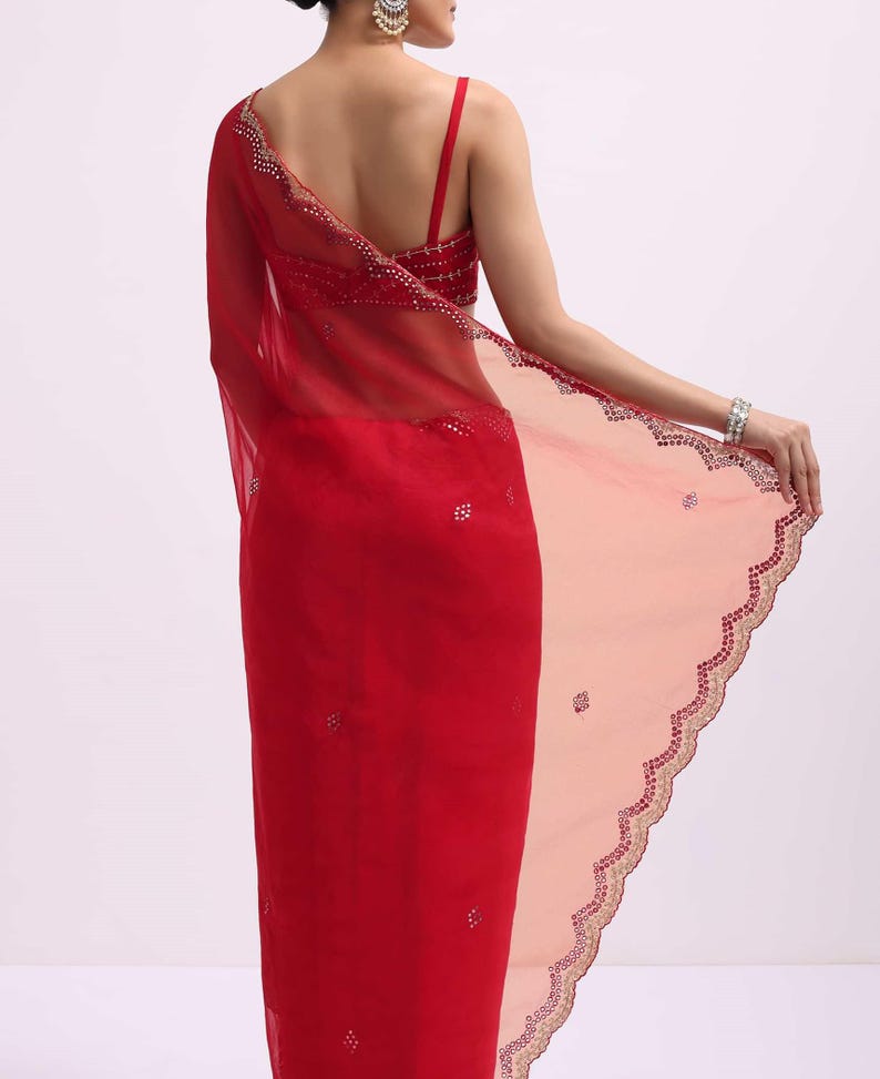 Red Saree Mirror Embellished Saree Organza Saree for Bride Saree for ...