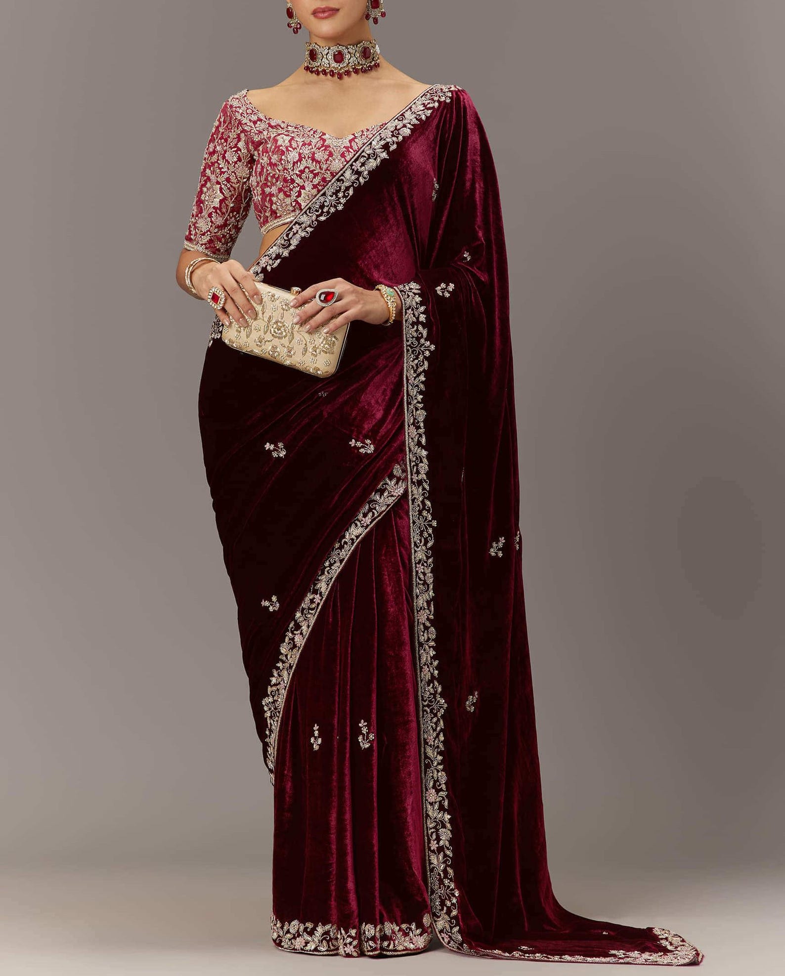 Maroon Saree Velvet Saree Brocade Embroidered Blouse Saree Bride Saree ...