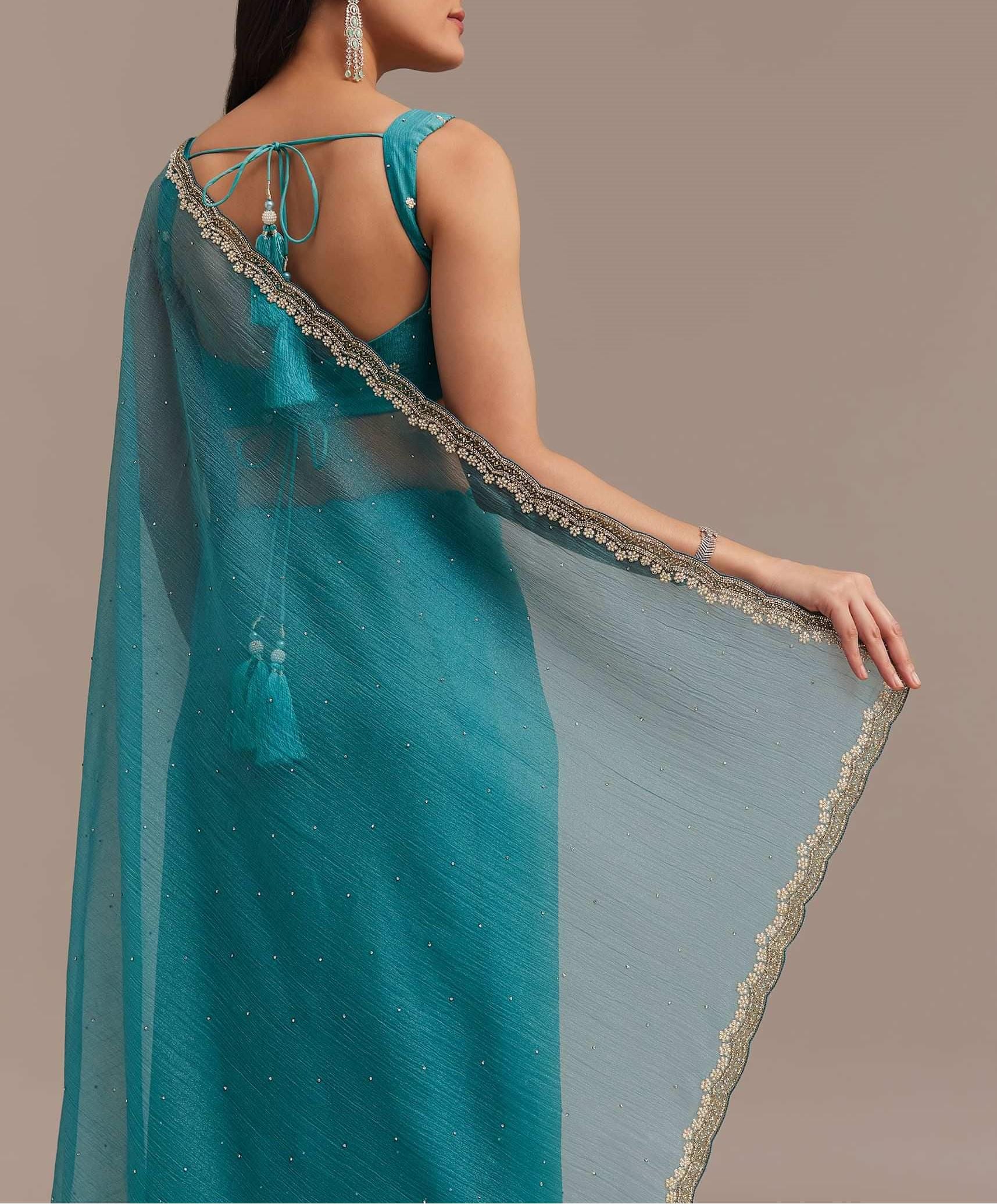 Firozi Blue Crushed Tissue Saree Stone Work Saree Cutdana Saree ...