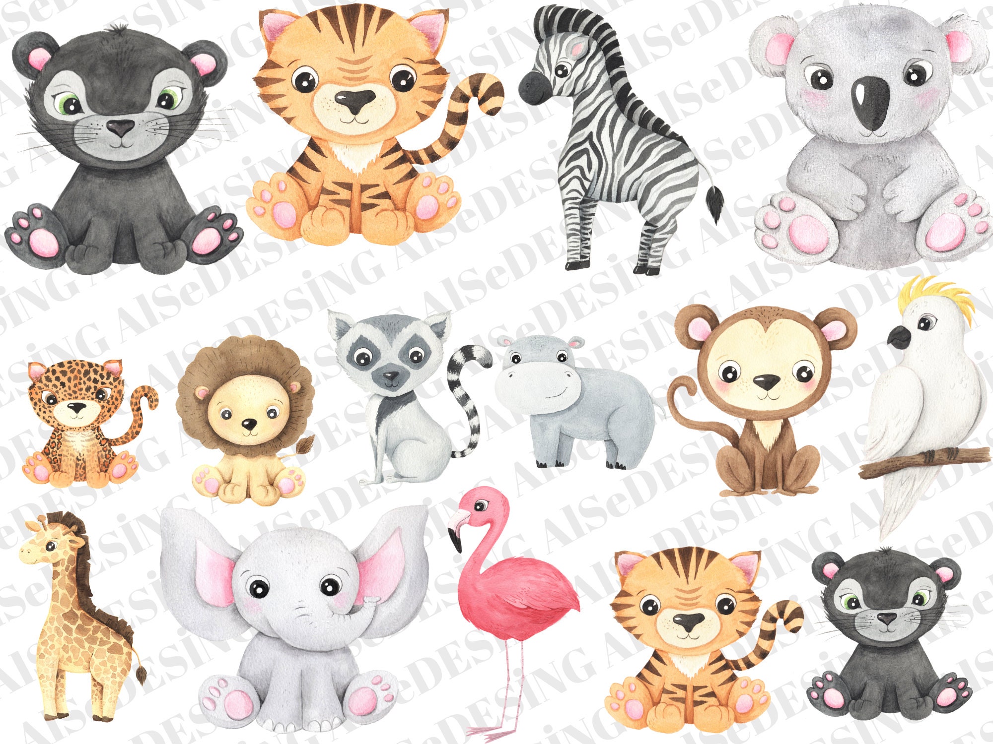 Baby Safari Animals Watercolor Clipart Baby Shower Cute - Etsy