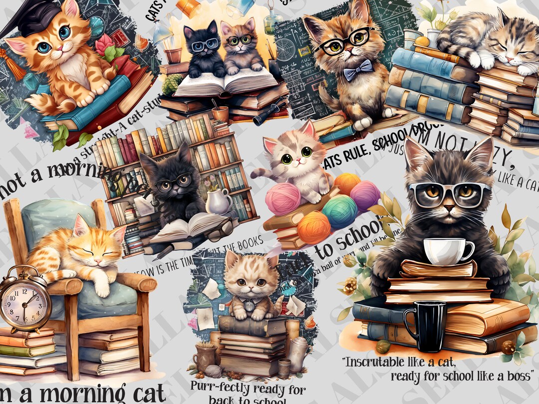 Cute Back to School Cat Bundle, Cute Little Cat Clipart, Cat ...
