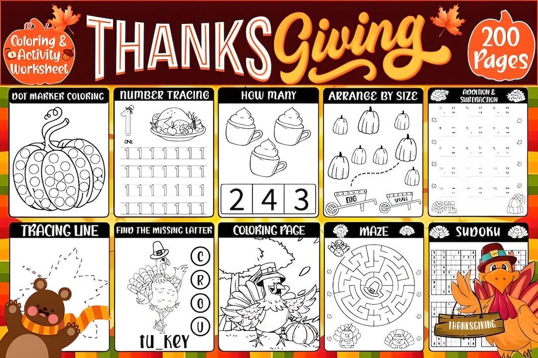 200 Thanksgiving Activity Card, Printable Thanksgiving Games for Kids ...