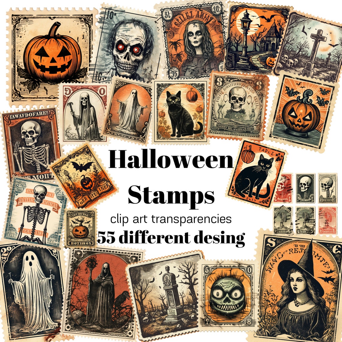 Halloween Postage Stamps Clipart, Halloween Sublimation Bundle, Vintage ...