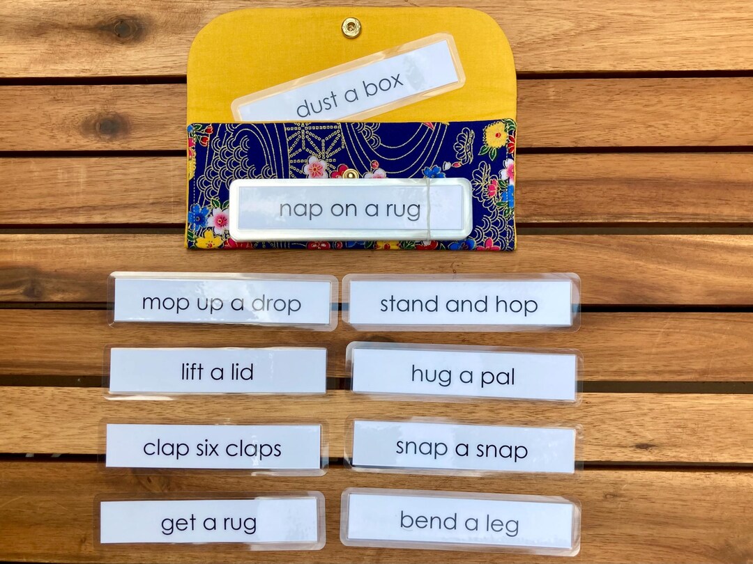 Montessori Phonetic Command Cards: Blue Floral Pouch, 30 Laminated ...