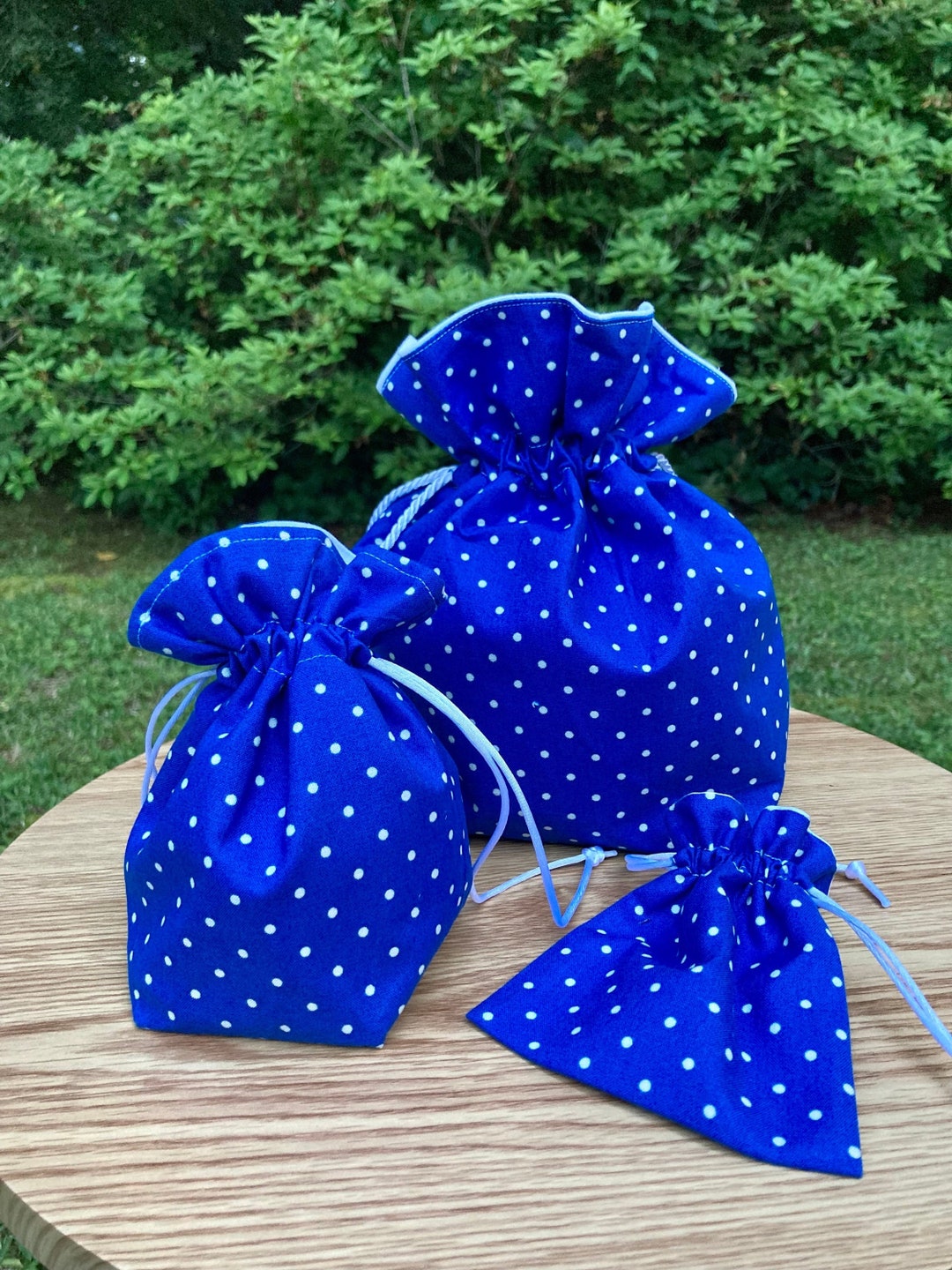 Blue Polka Dot Drawstring Bags | Reusable Fabric Drawstring Pouch ...