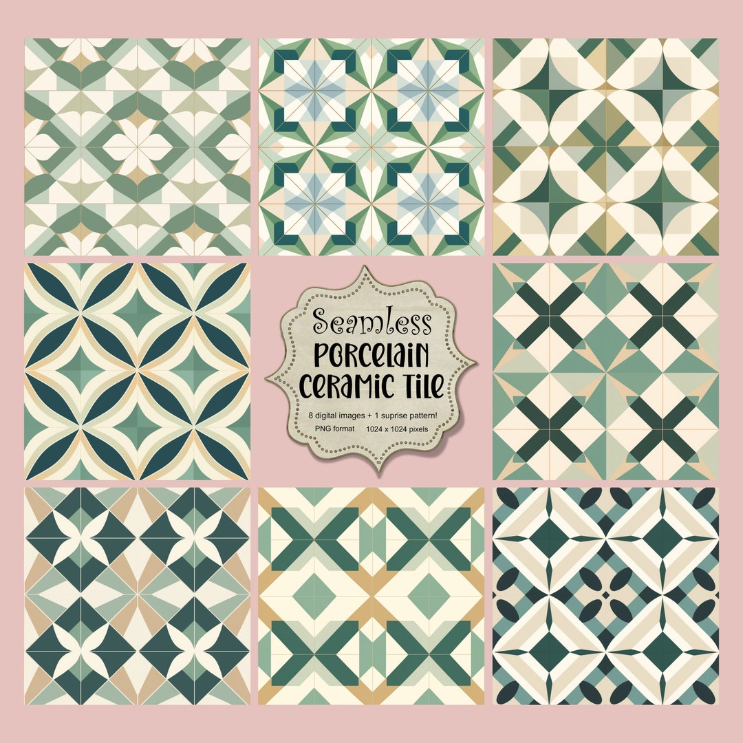 8 Green and Tan Seamless Patterns Green Ceramic Porcelain Pattern Green ...