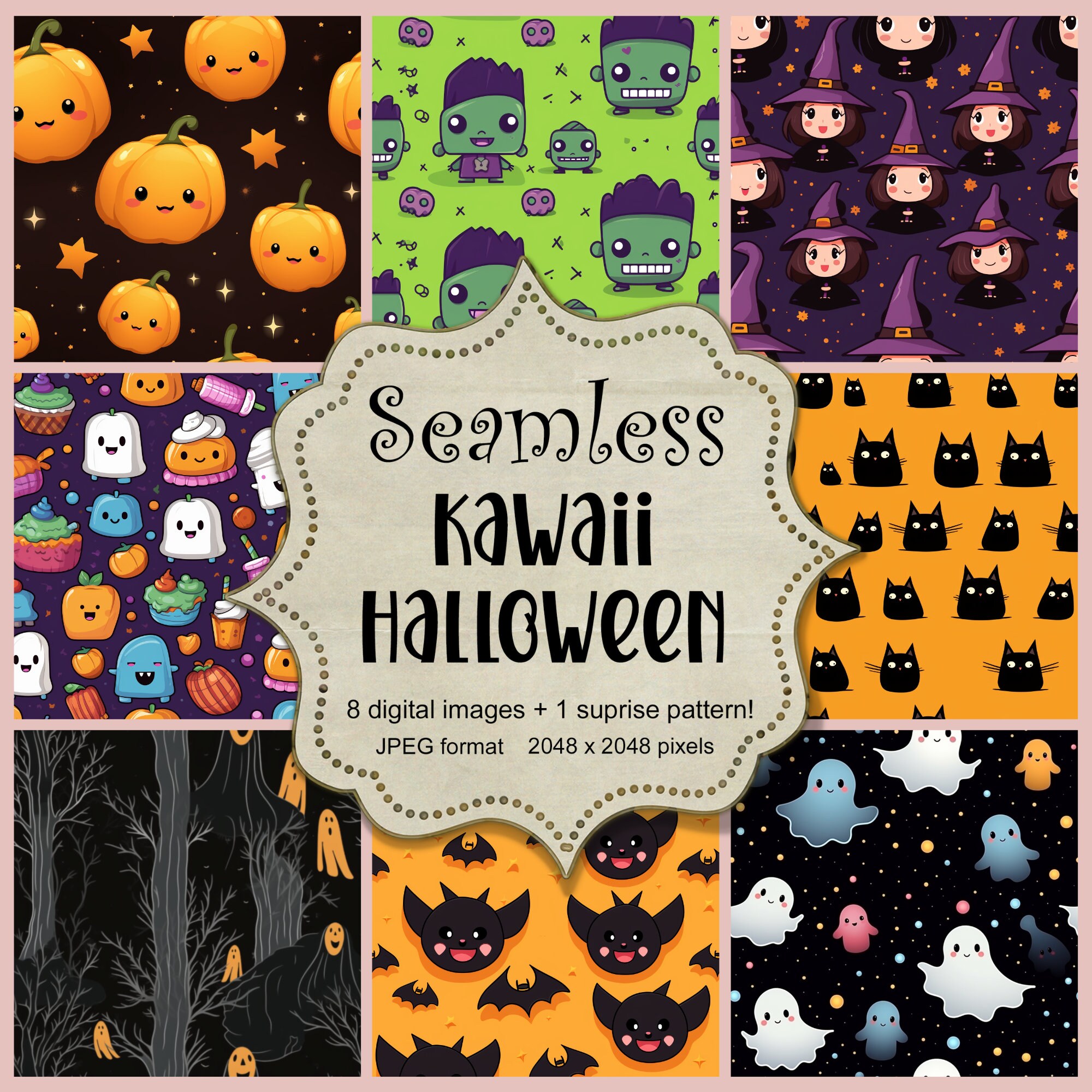 8 Kawaii Halloween Seamless Patterns Halloween Tile Pattern Cute ...