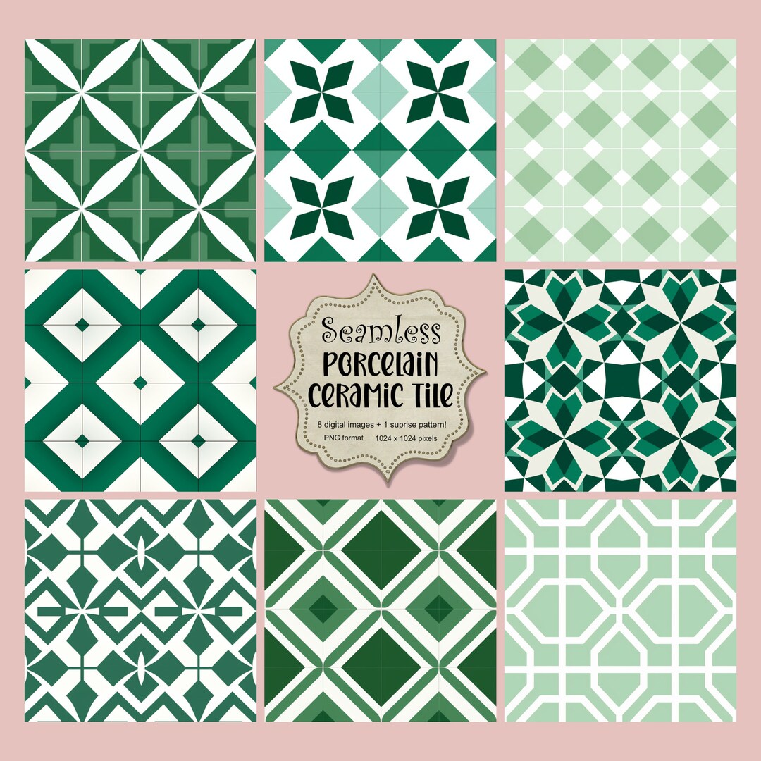 8 Green and White Seamless Patterns Green Ceramic Porcelain Pattern ...