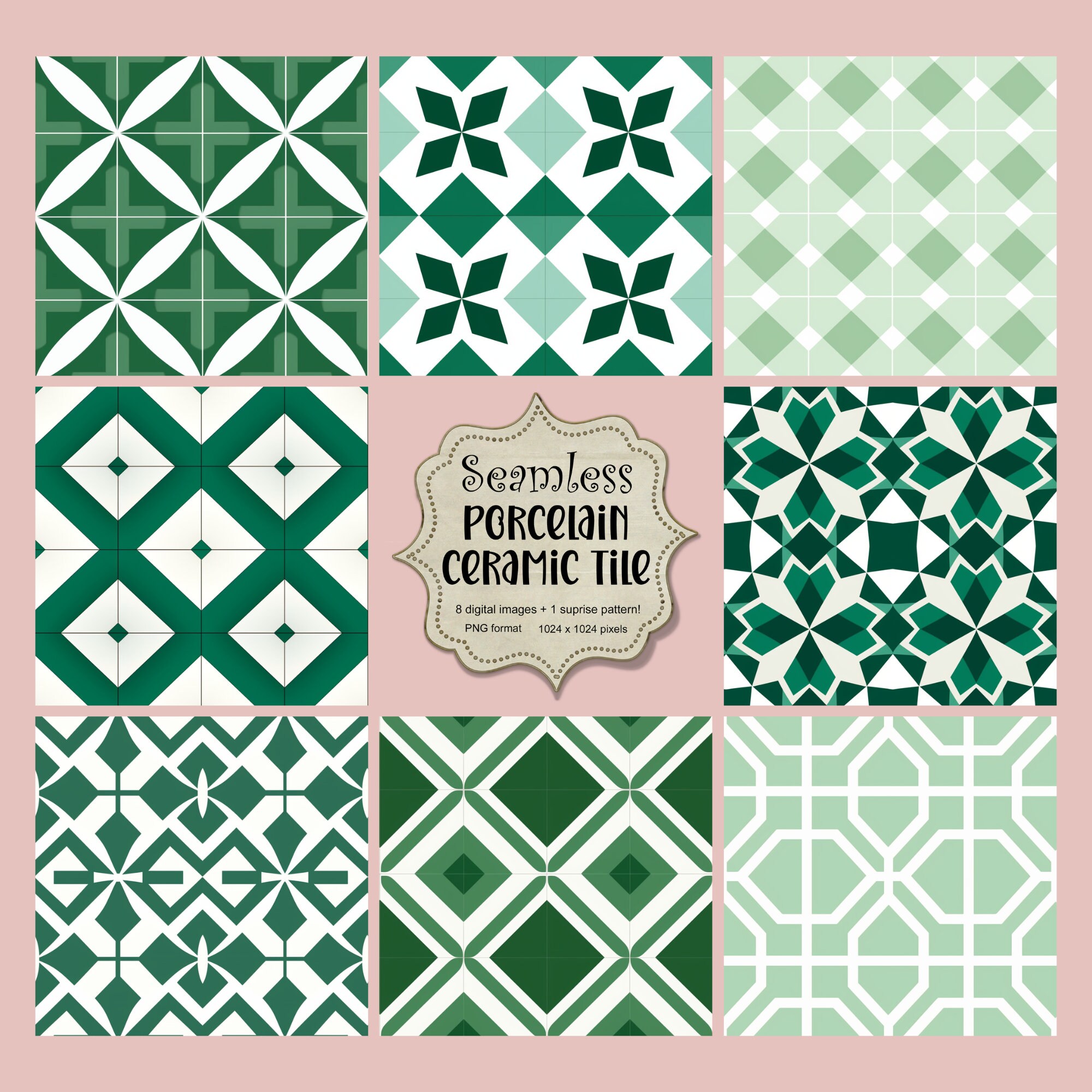 8 Green and White Seamless Patterns Green Ceramic Porcelain Pattern ...