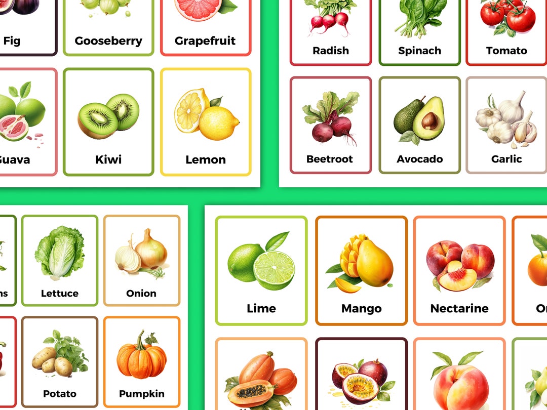 50 Fruits and Vegetables Flash Cards Matching Printable Flash Cards for ...