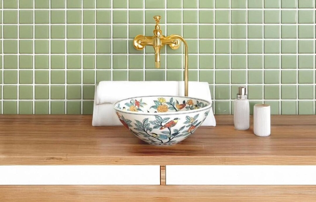 Colourful Floral/bird Basin / Hand Made / Hand Painted / Countertop ...