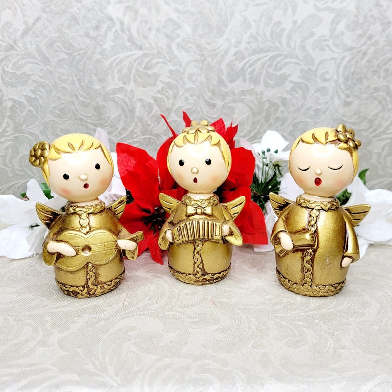 Vintage Mcm Gold Angel Figurines Set Of 3 Christmasholiday Angels Made In Japan Singing Angel
