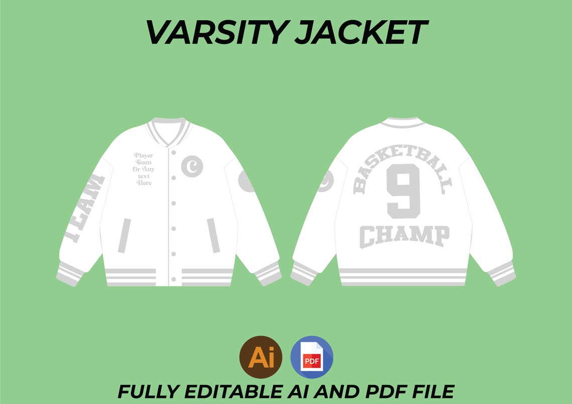 Streetwear Varsity Jacket Mockup Vector for Adobe Illustrator, JPG ...