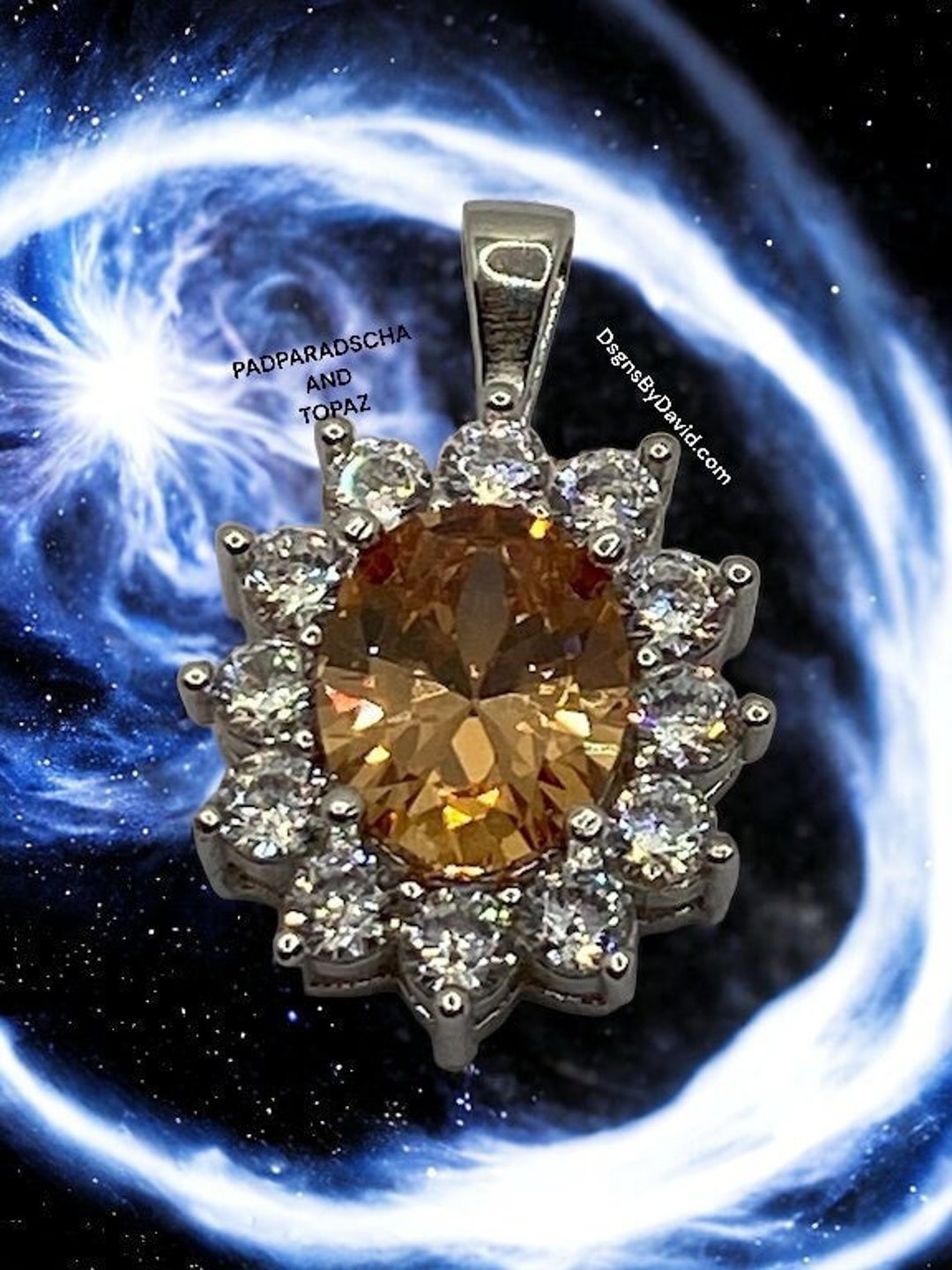 GLEAMING PADPARADSCHA SAPPHIRE and White Topaz Pendant Necklace - Etsy