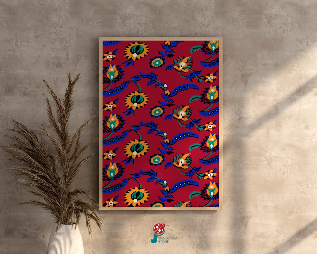 Folk Art Red Background Printable Wall Art, Traditional Floral Wall ...