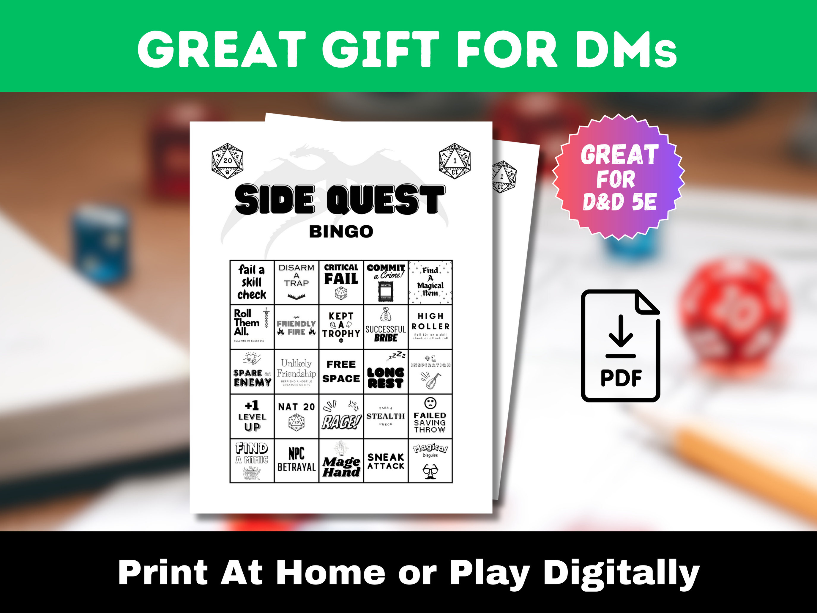 Dungeons and Dragons Gift | Side Quest Bingo | Printable DND Bingo Game ...