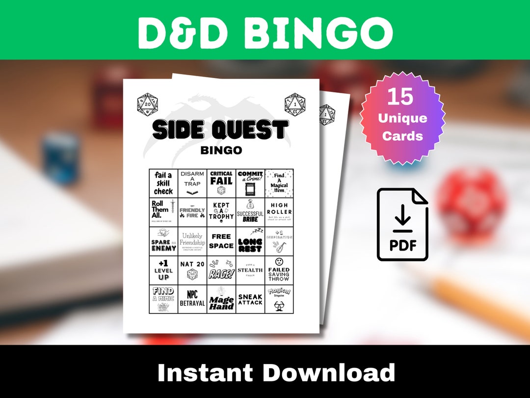 Dungeons and Dragons Gift | Side Quest Bingo | Printable DND Bingo Game ...