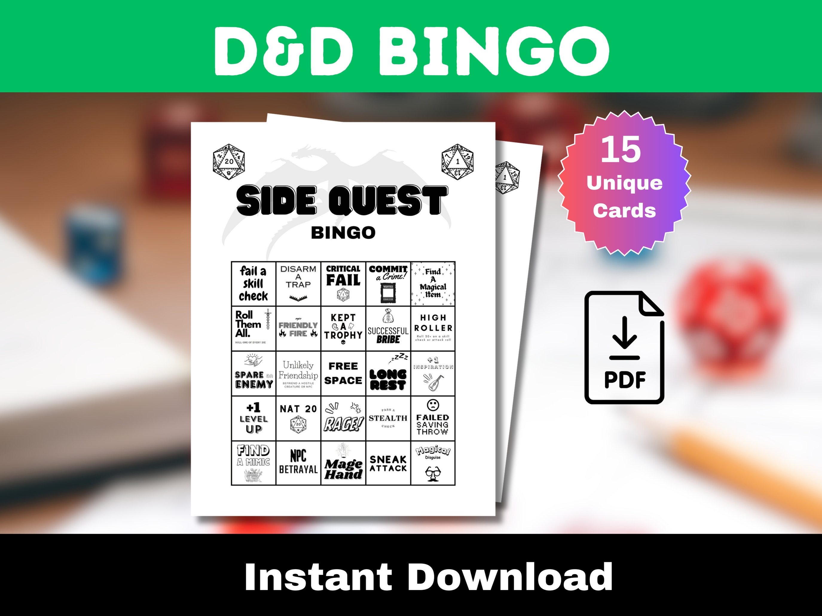 Dungeons and Dragons Gift | Side Quest Bingo | Printable DND Bingo Game ...