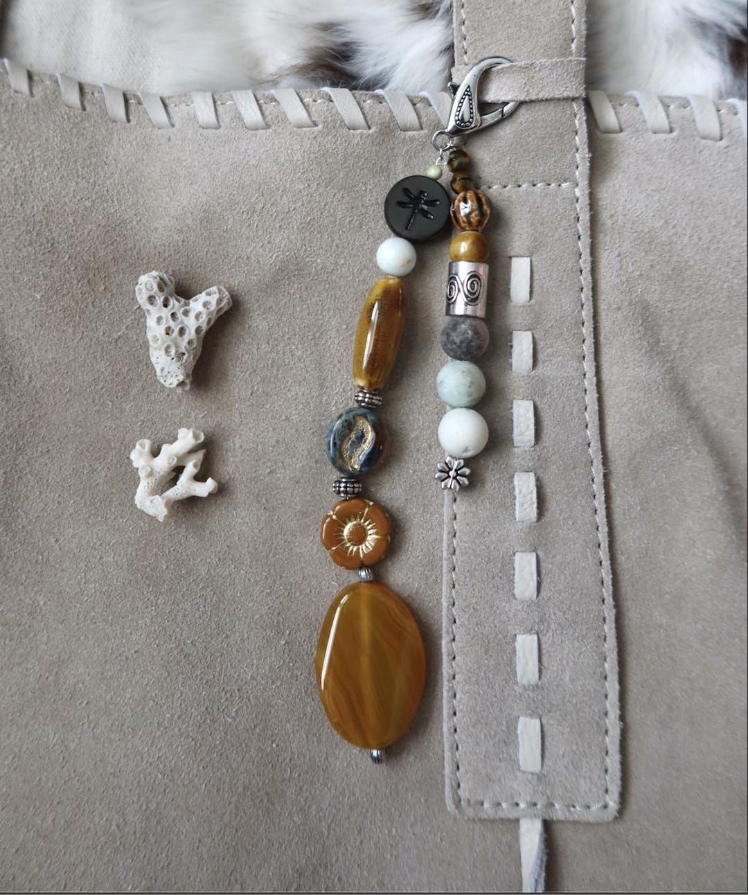 Amber Boho Beaded Bag Charm, Earth Tone Gemstone Keychain, Nature Lover ...