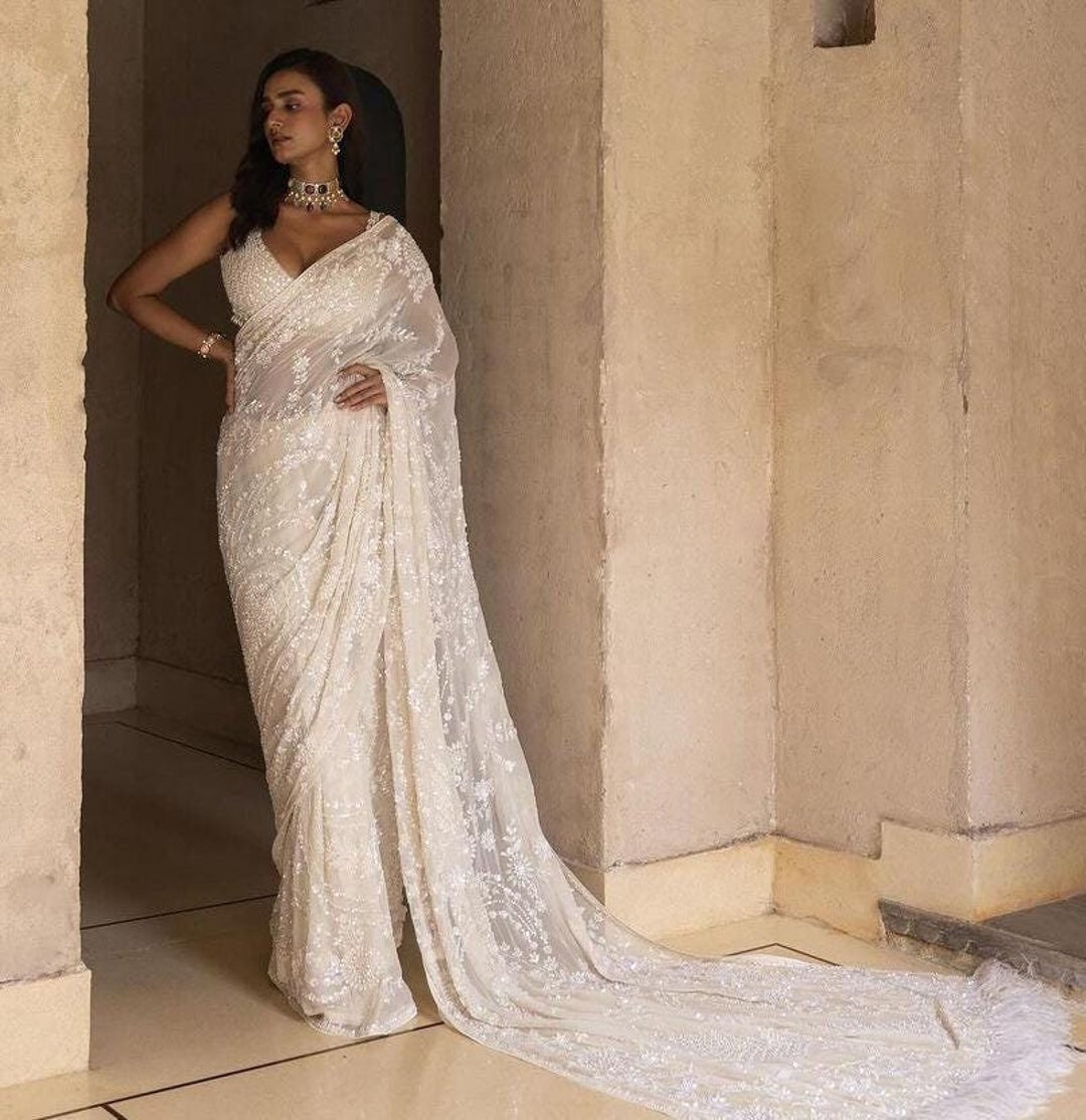 Designer Ivory Sequence Saree, Party Wear Saree, Bollywood Saree ...