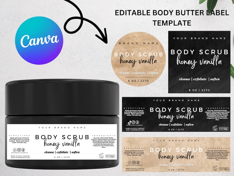 Body Scrub Jar Label Template, Editable Sugar Scrub Product Label ...