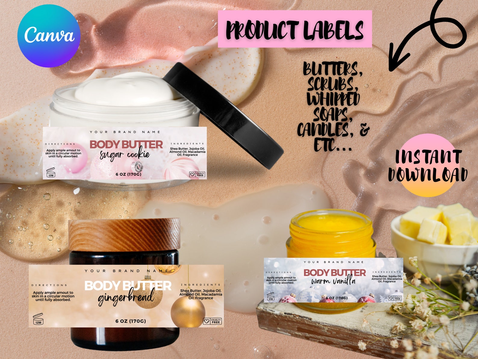 Printable Body Butter Labels Template, Holiday Product Jar Wrap ...