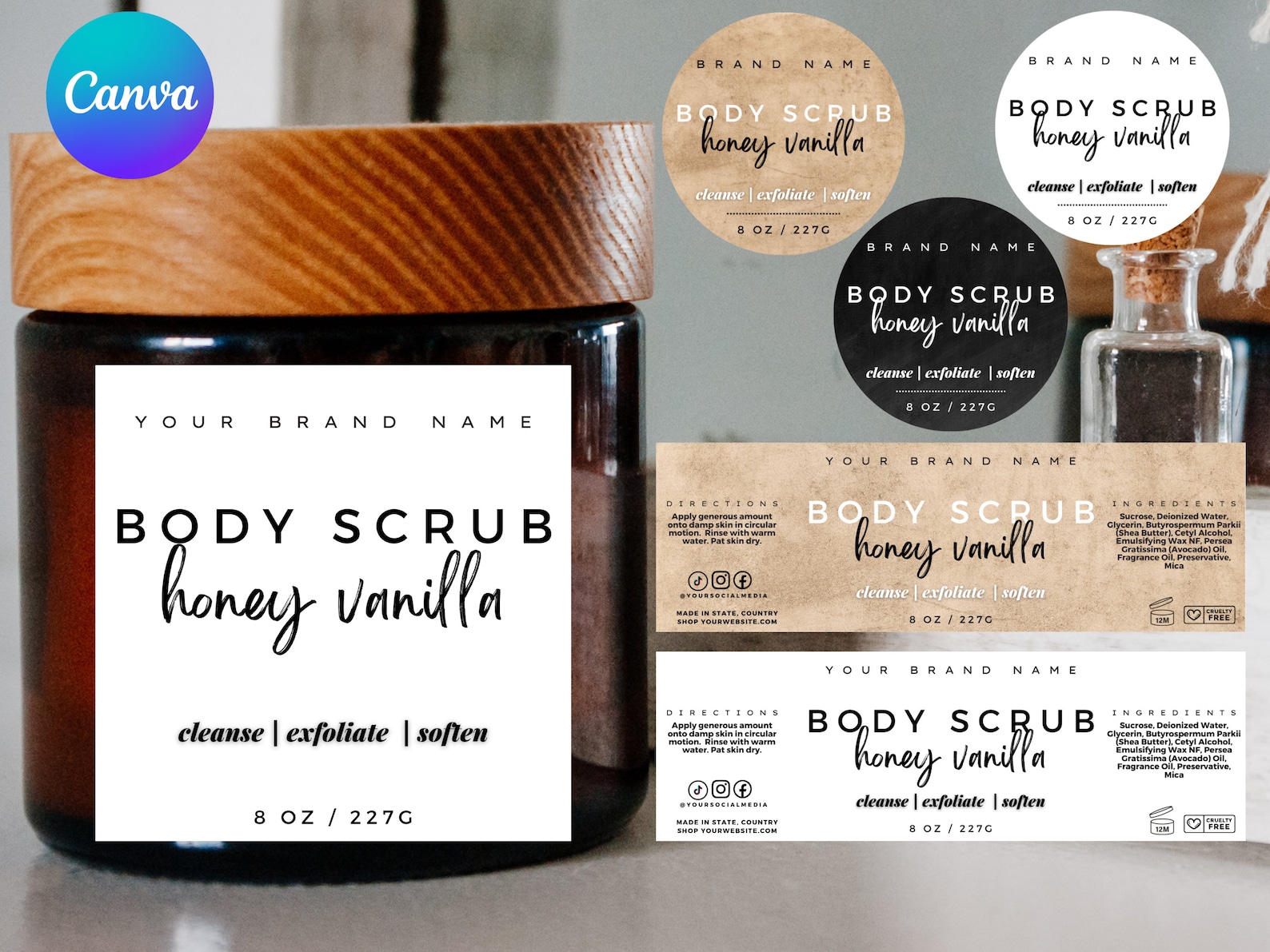 Editable Body Scrub Jar Label Template, Canva Sugar Scrub Product Label ...