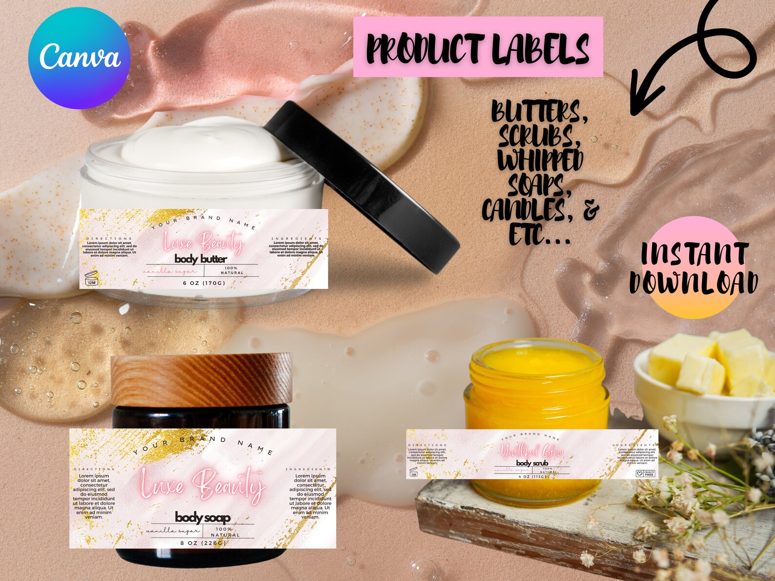 Editable Cosmetic Labels, Printable Skincare Product Jar Wraps (digital ...