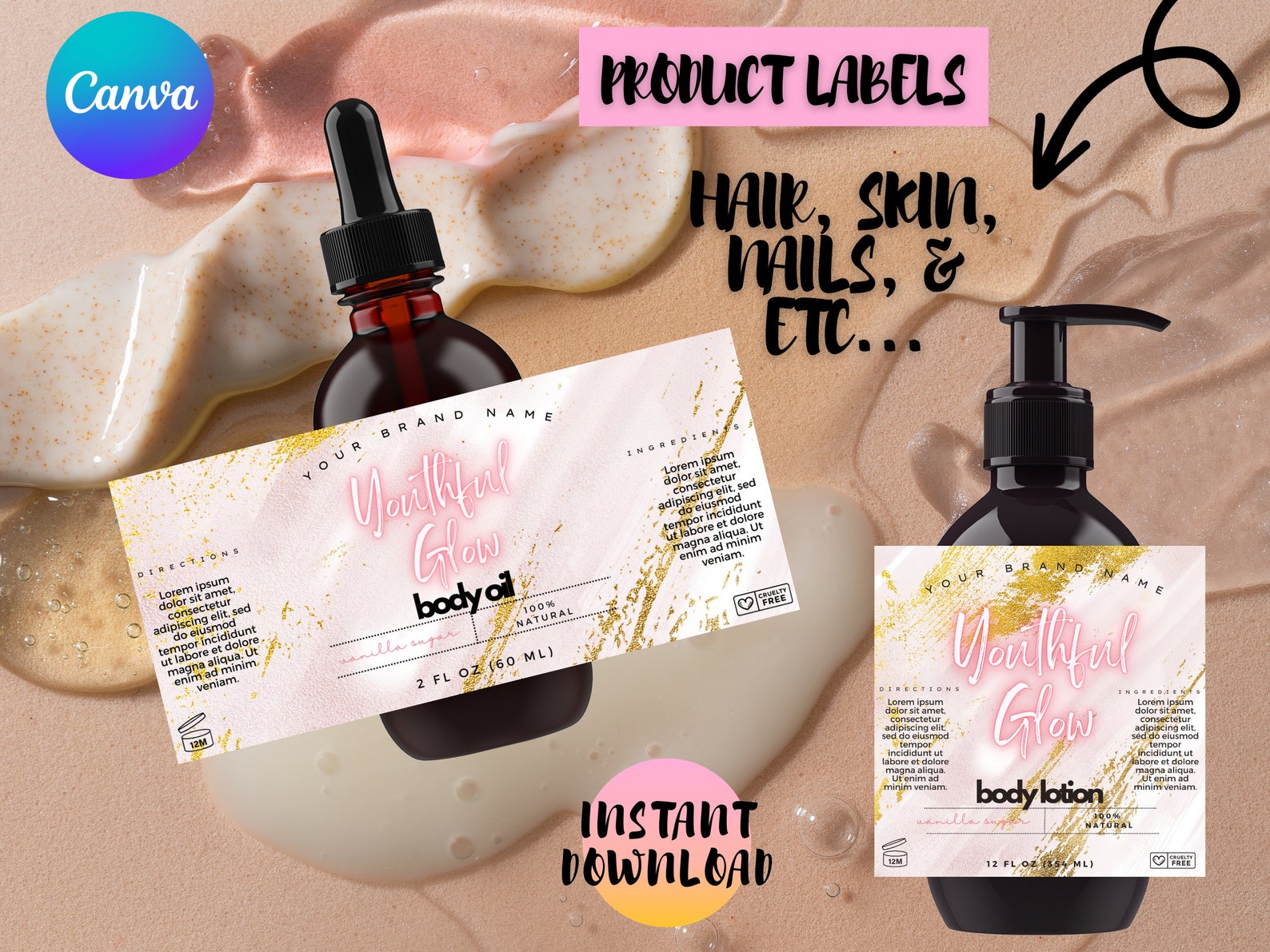Editable Cosmetic Labels, Printable Skincare Product Jar Wraps (digital ...
