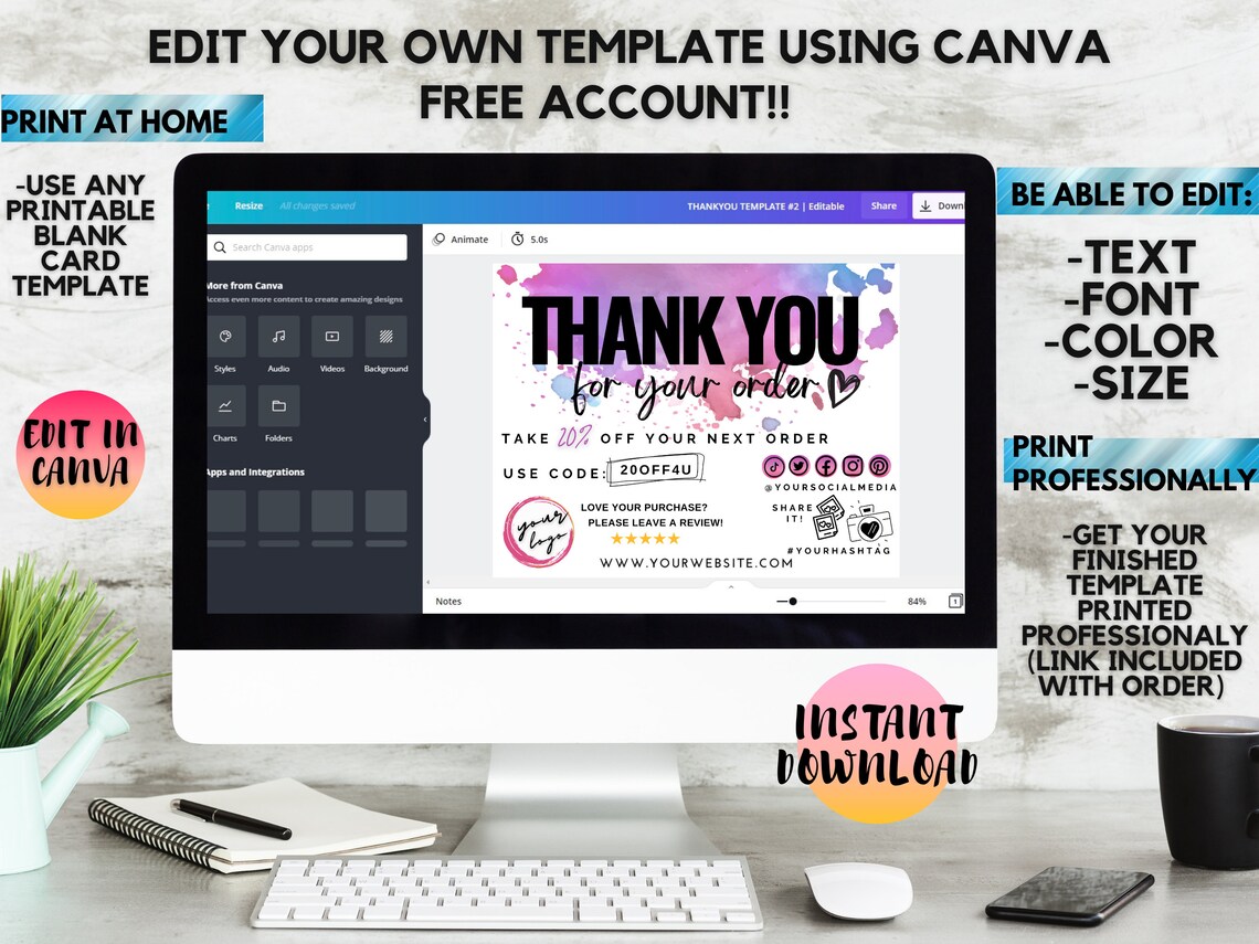 Editable in CANVA Thank You Insert Card Template, Rainbow Watercolor ...