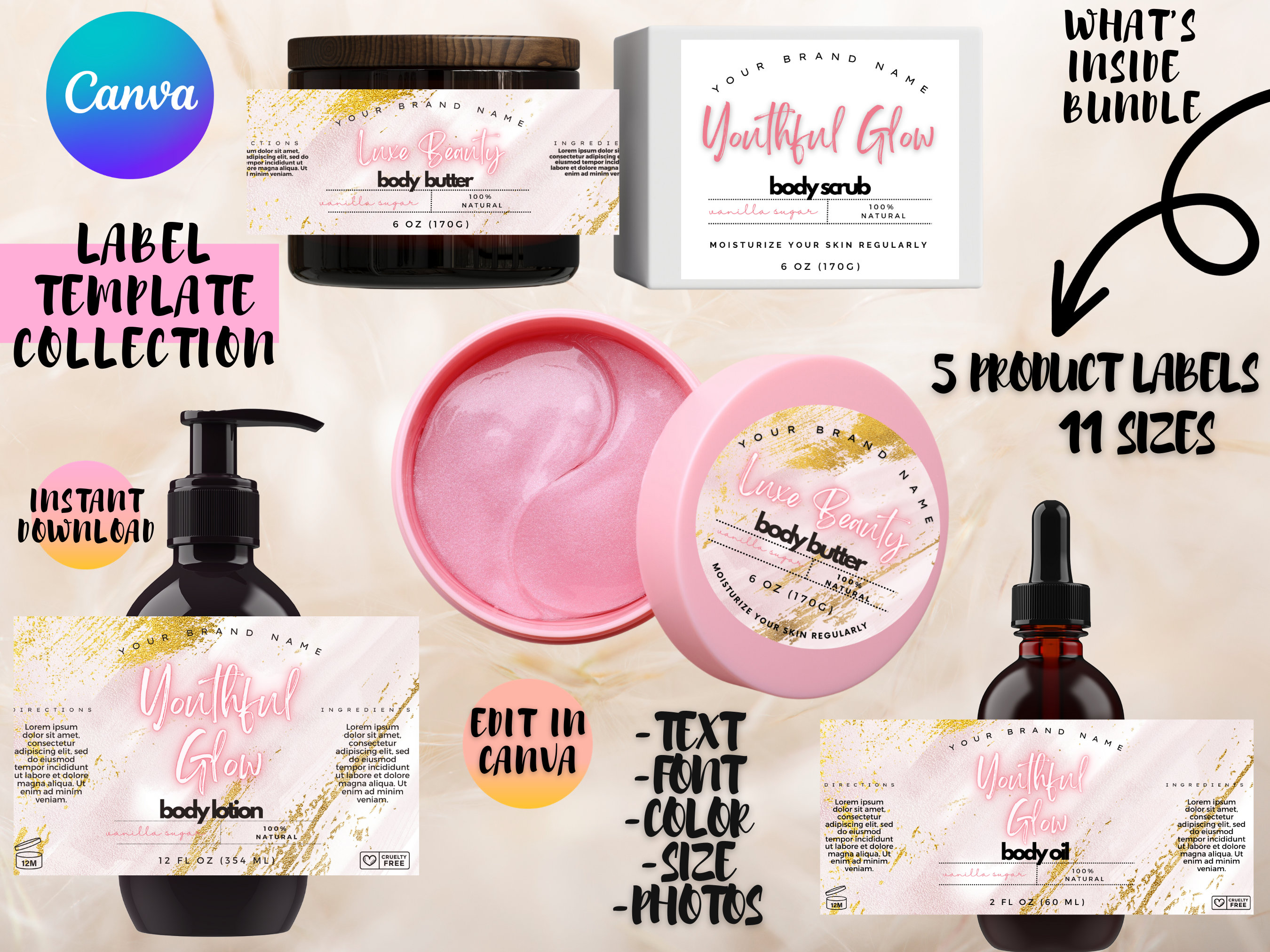 Editable Cosmetic Labels, Printable Skincare Product Jar Wraps (digital ...