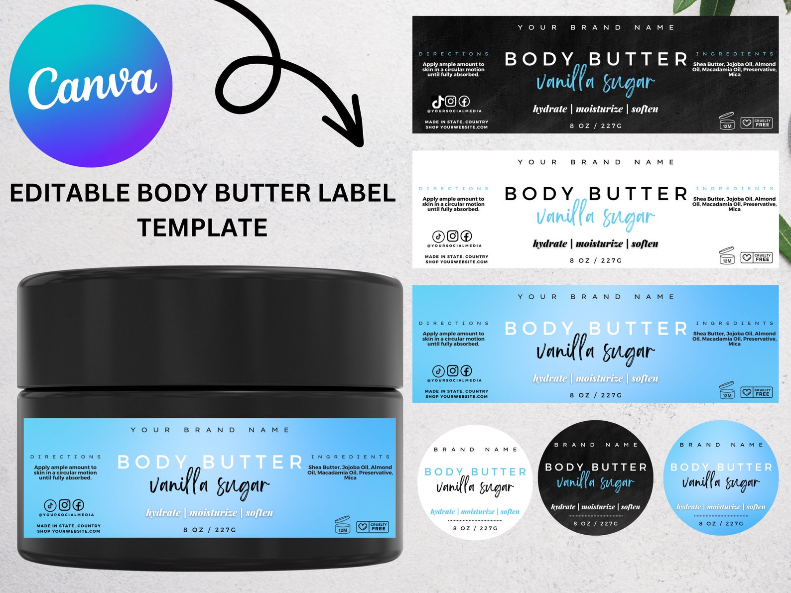 Whipped Body Butter Label Template Bundle, Editable Body Butter Square ...