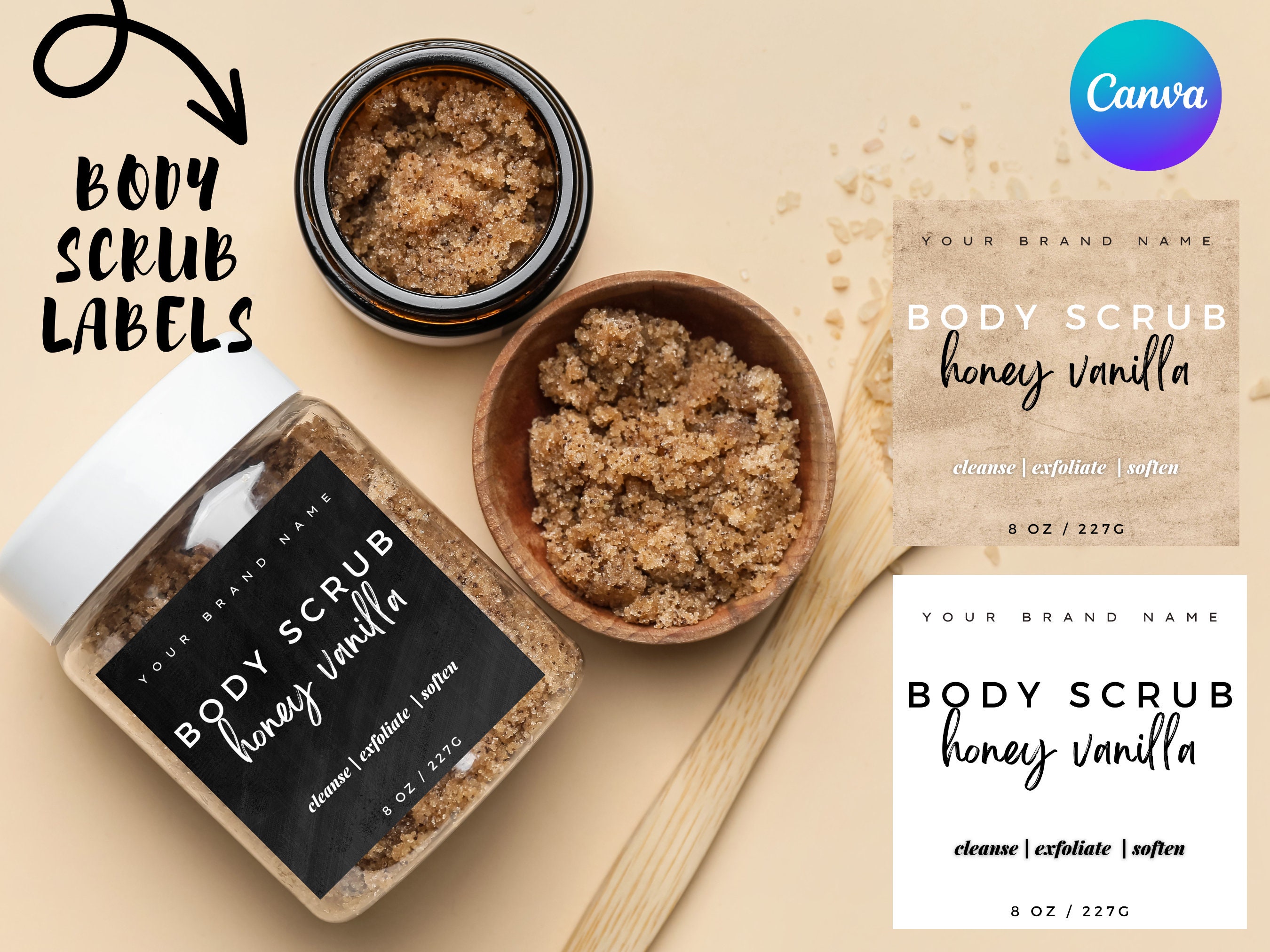 Editable Body Scrub Jar Label Template, Canva Sugar Scrub Product Label ...