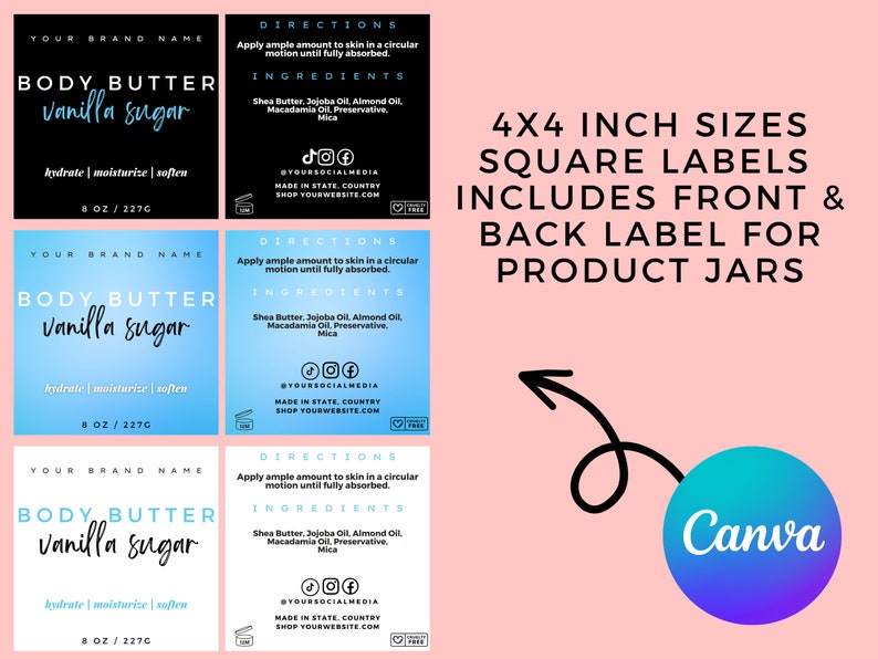 Whipped Body Butter Label Template Bundle, Editable Body Butter Square ...