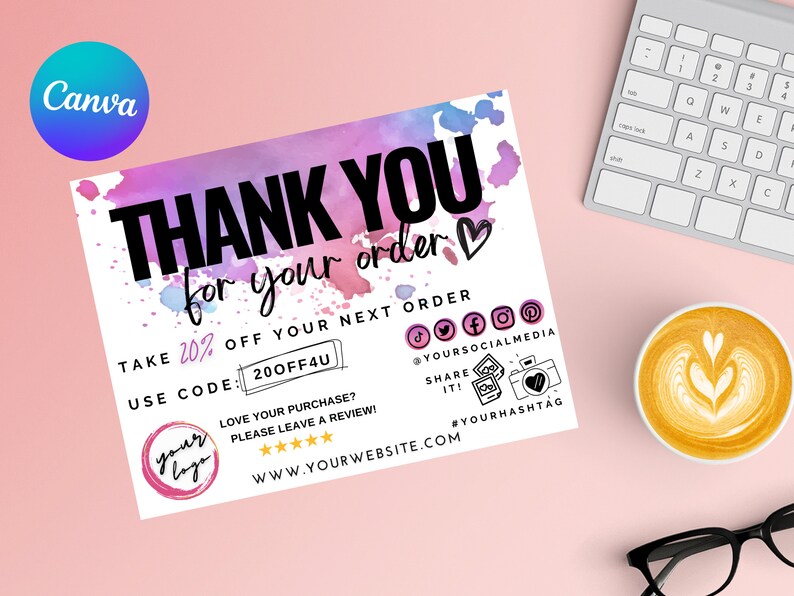 Editable in CANVA Thank You Insert Card Template, Rainbow Watercolor ...