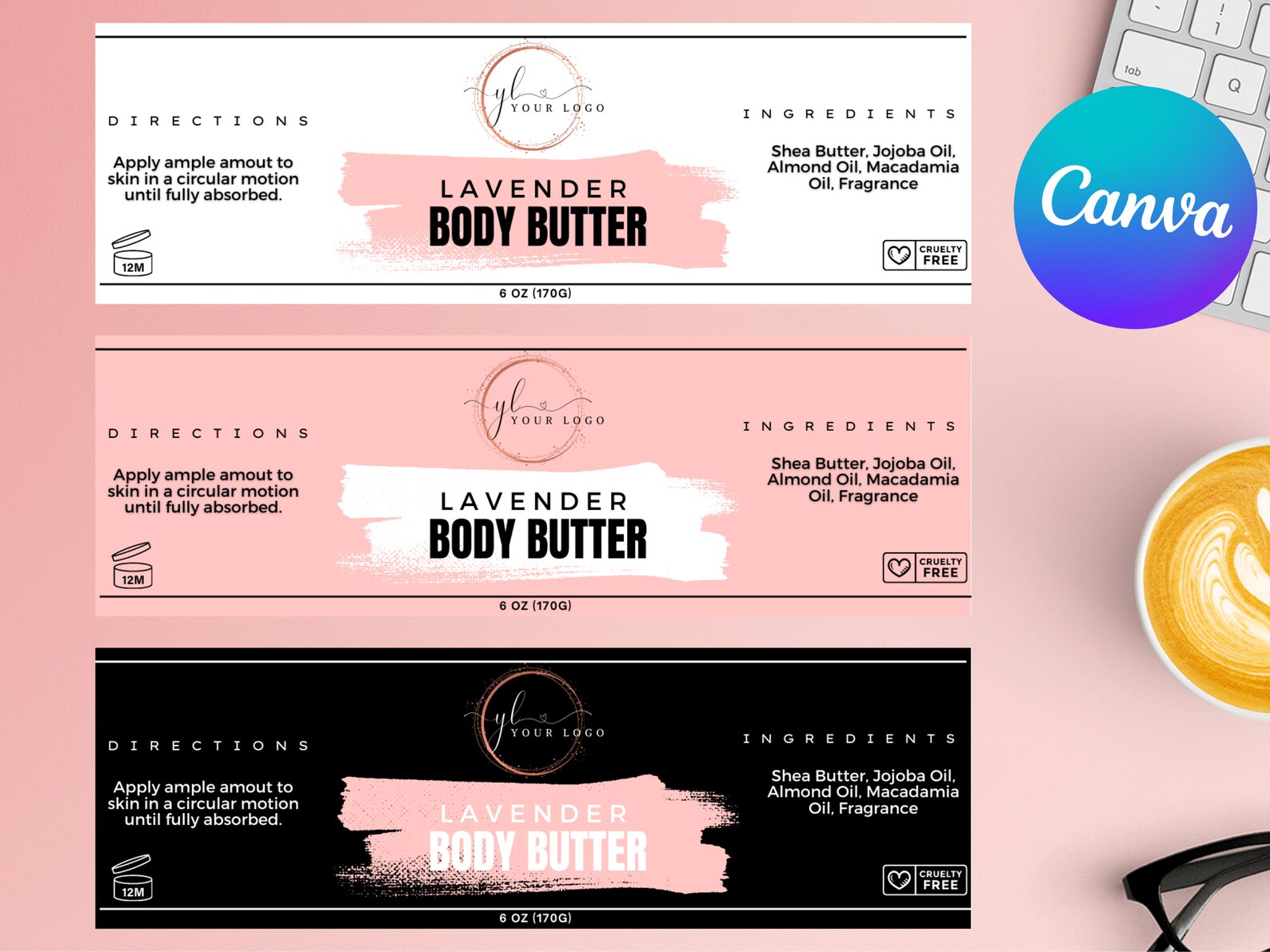 3 Body Butter Label Templates, Custom Sticker Labels, Canva Product ...