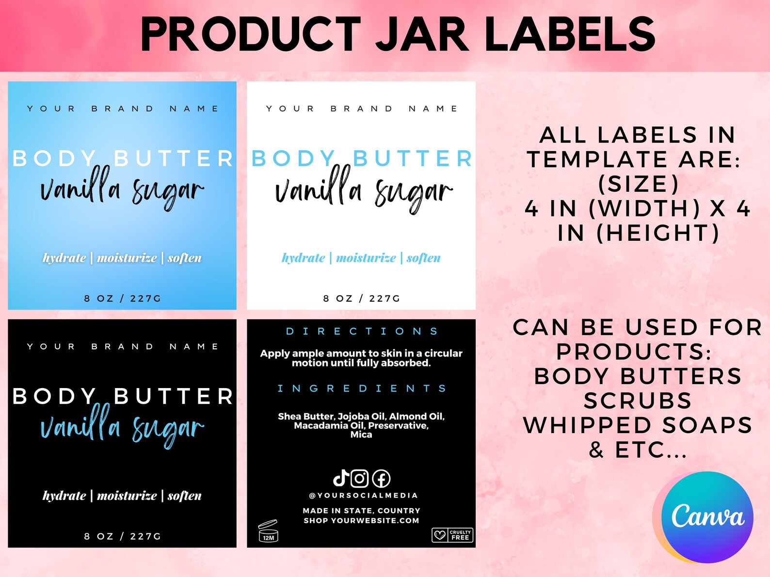 Whipped Body Butter Label Template Bundle, Editable Body Butter Square ...