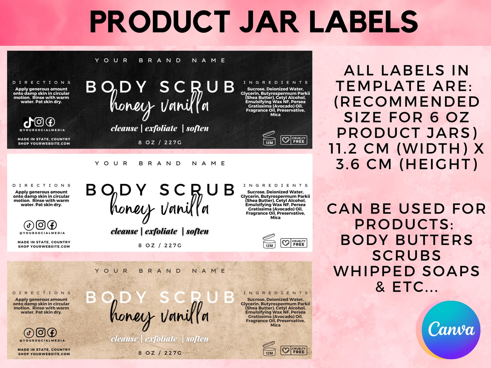 Editable Body Scrub Jar Label Template, Canva Sugar Scrub Product Label ...