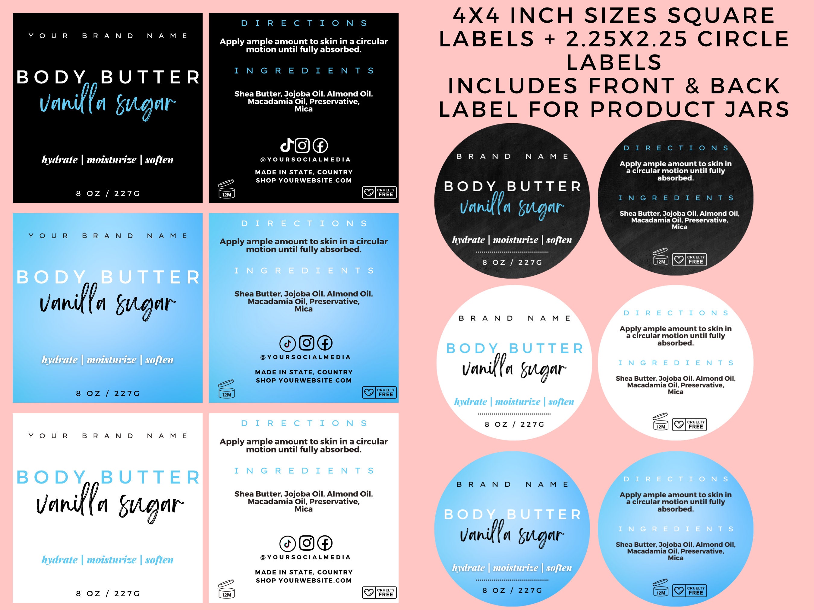 Whipped Body Butter Label Template Bundle, Editable Body Butter Square ...