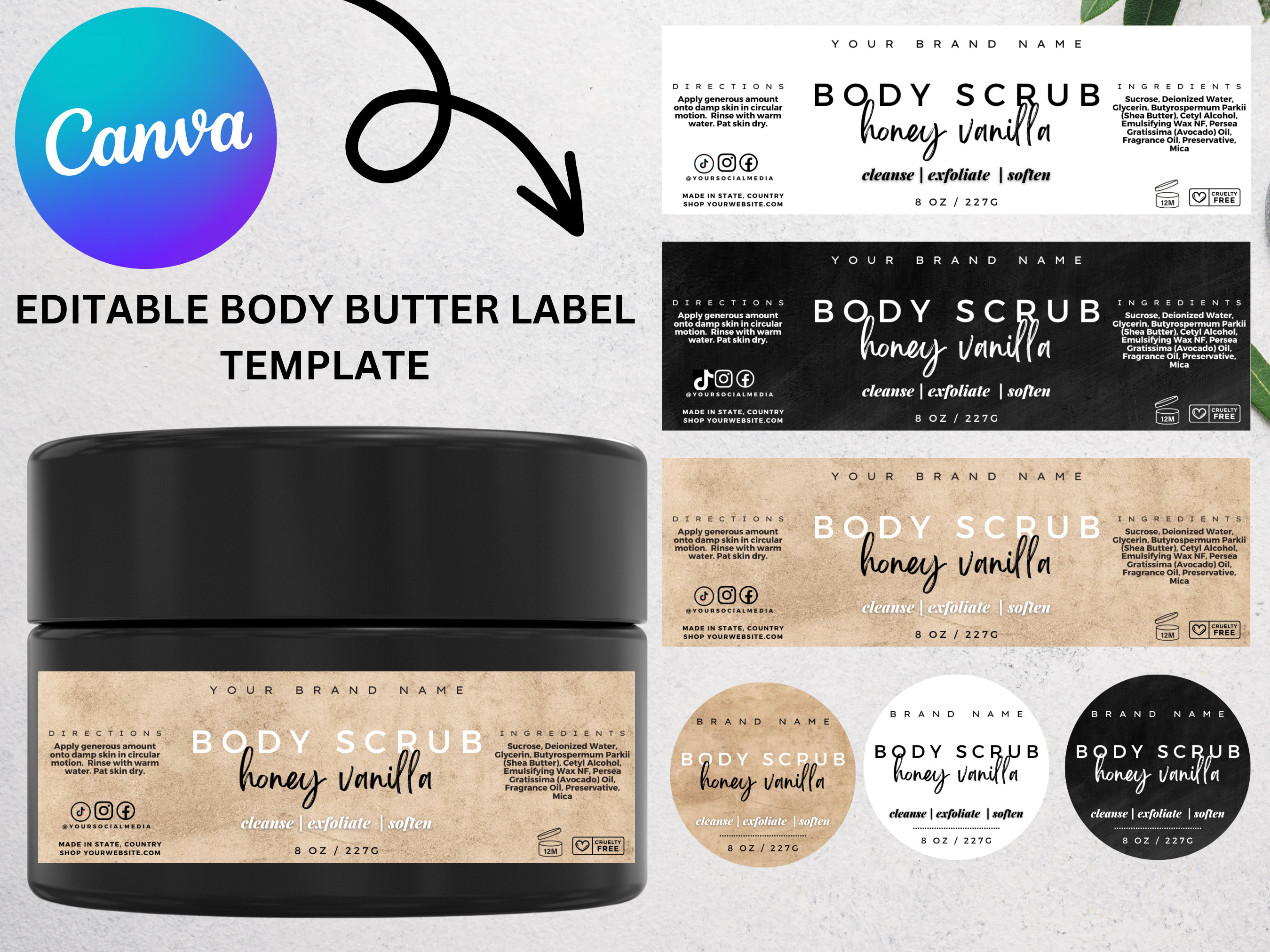 Editable Body Scrub Jar Label Template, Canva Sugar Scrub Product Label ...