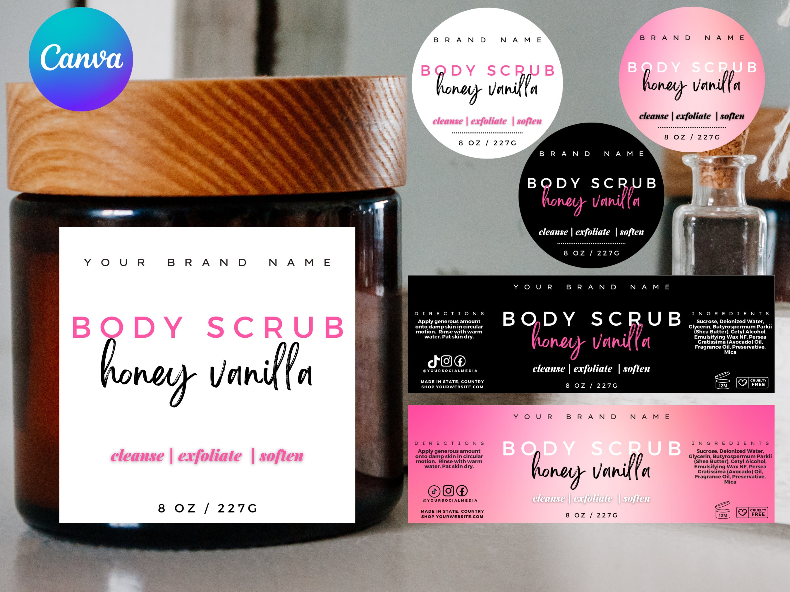 Body Scrub Editable Label Template Printable Sugar Scrub Product Label Canva Body Scrub Wrap
