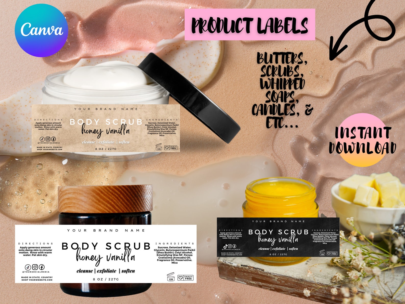 Editable Body Scrub Jar Label Template, Canva Sugar Scrub Product Label ...