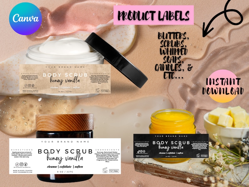 Editable Body Scrub Jar Label Template, Canva Sugar Scrub Product Label ...